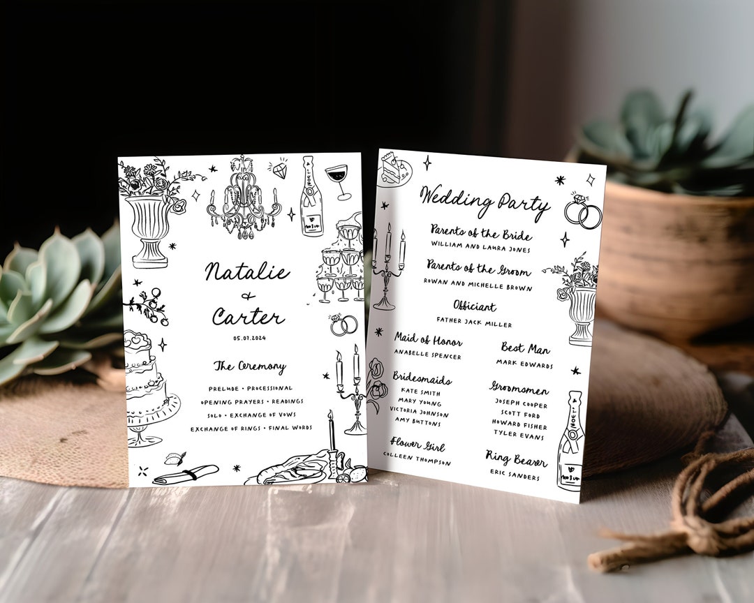 Hand Drawn Wedding Program Template, Quirky Whimsical Wedding Program ...