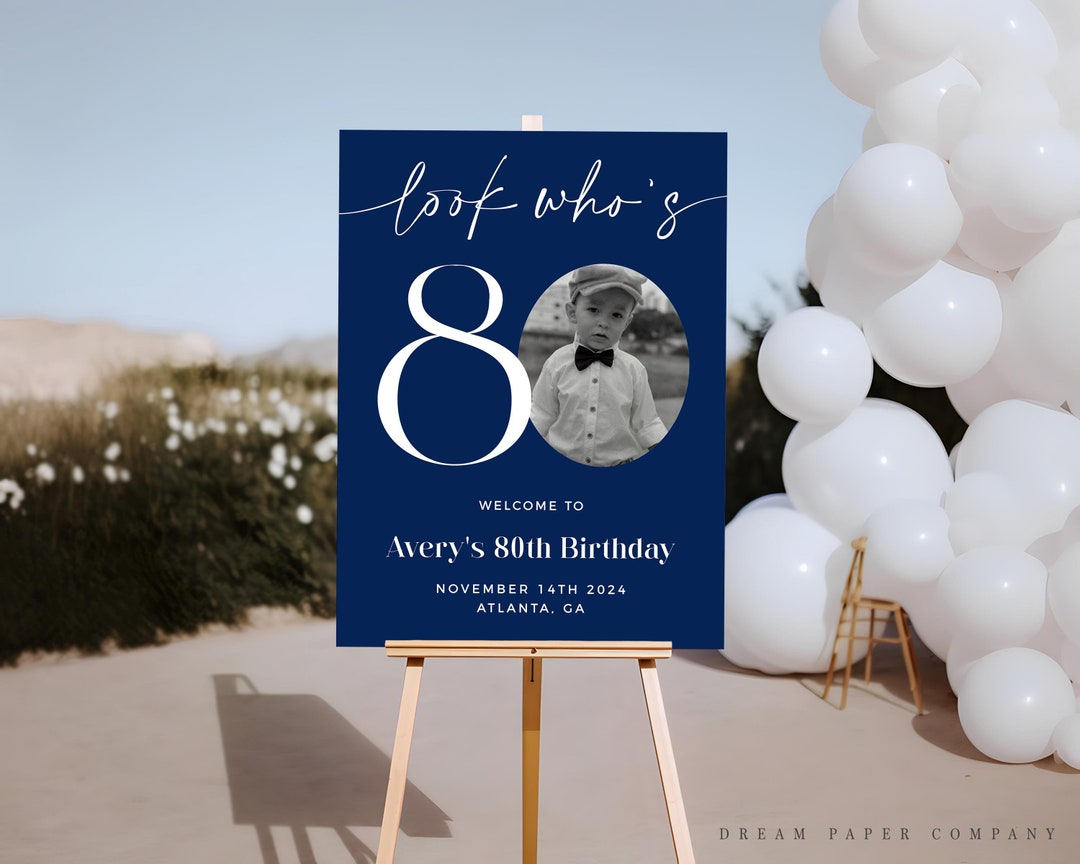 Navy Blue 80th Birthday Welcome Sign, Look Who's 80, Male Welcome Sign ...