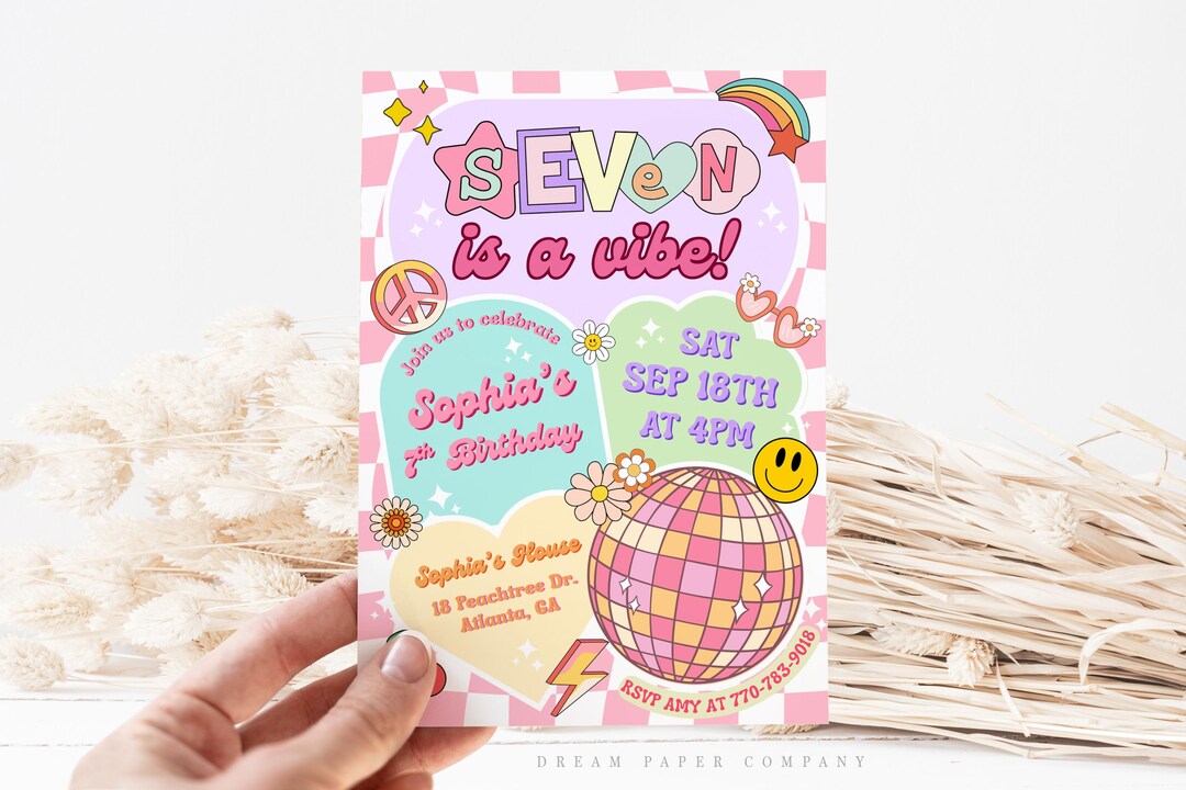 Groovy 7th Birthday Invitation Template, Seven is A Vibe Birthday ...