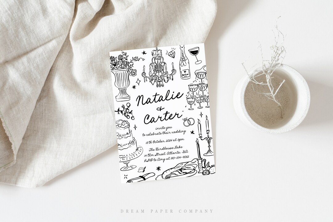 Hand Drawn Wedding Invitation, Fun Whimsical Wedding Invite, Quirky ...