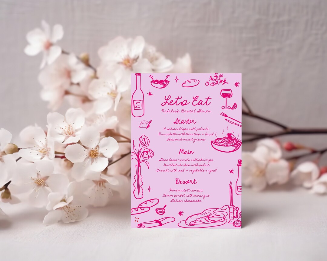 Hand Drawn Menu Card, Hot Pink Menu Printable, Editable Template, Pink ...