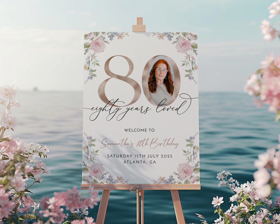 Floral 80th Welcome Sign, 80 Years Loved Sign, Photo Welcome Sign ...