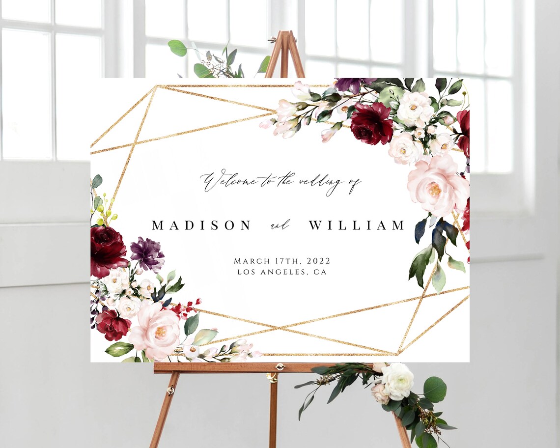 Burgundy Welcome Sign Editable Template Burgundy and Gold | Etsy