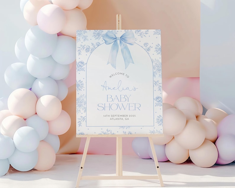 Vintage Blue Bow Welcome Sign Template, Blue Floral Toile Welcome Sign ...