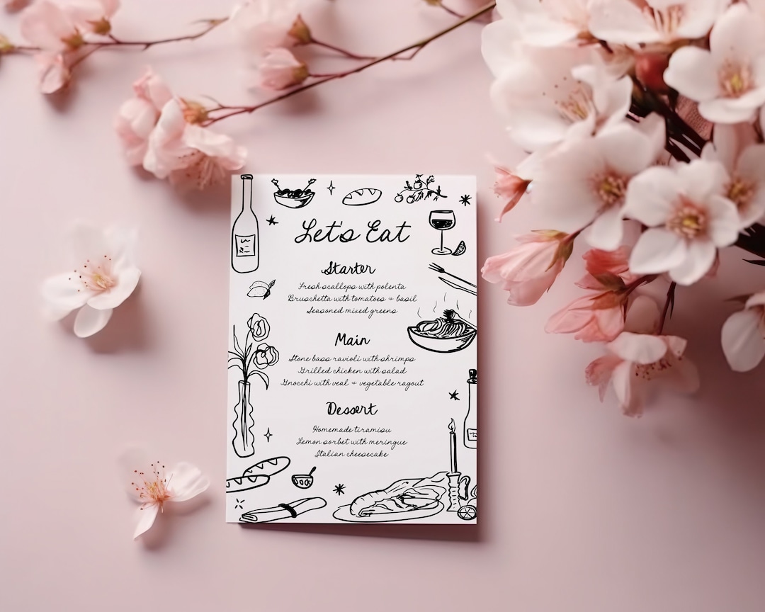 Hand Drawn Wedding Menu Card, Whimsical Menu Printable, Editable ...