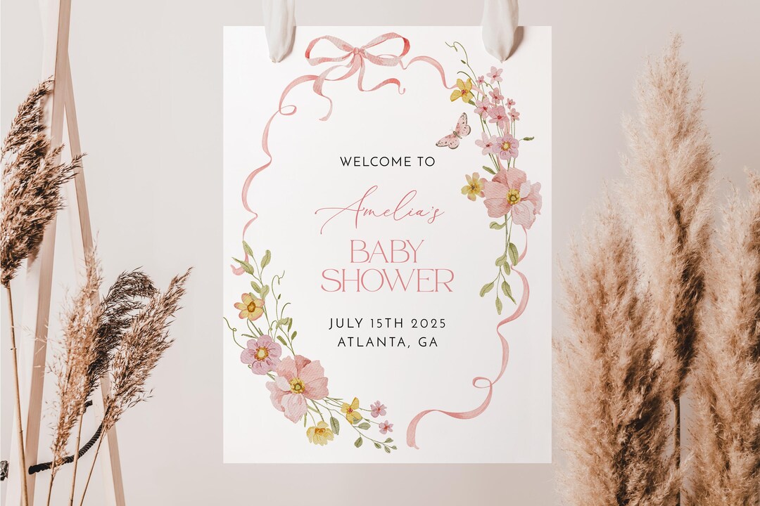 Coquette Baby Shower Welcome Sign Template, Pink Bow Floral Ribbon ...