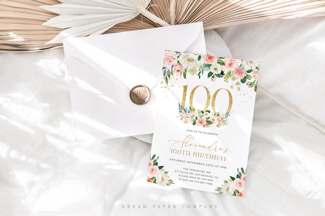 100th Birthday Invitation Template, Floral 100th Birthday, Invite for ...