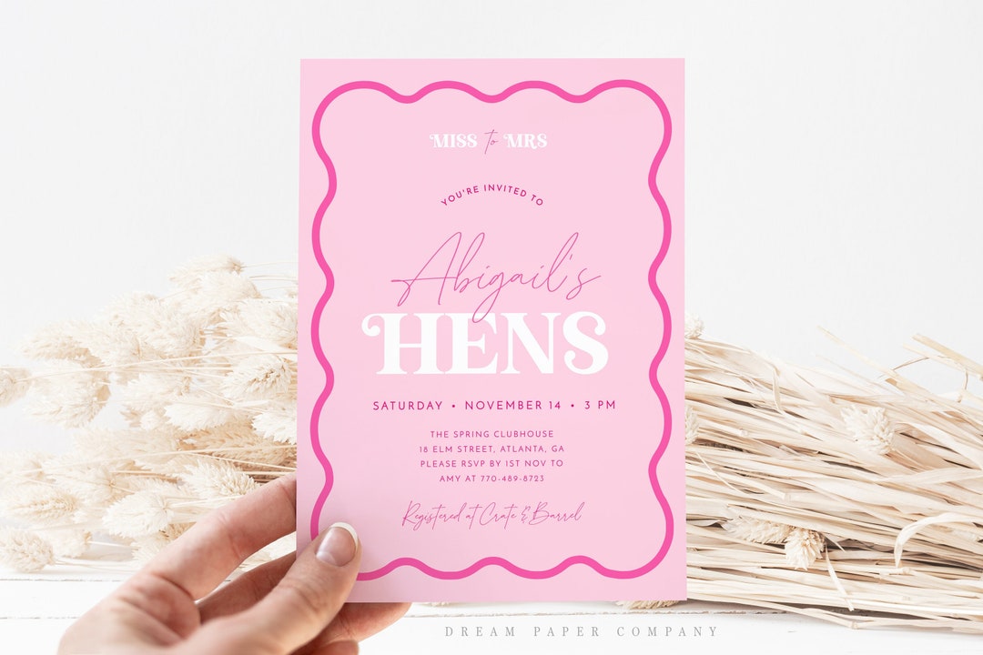 Wave Hens Party Invitation Template, Retro Wavy Bridal Invite, Pink ...