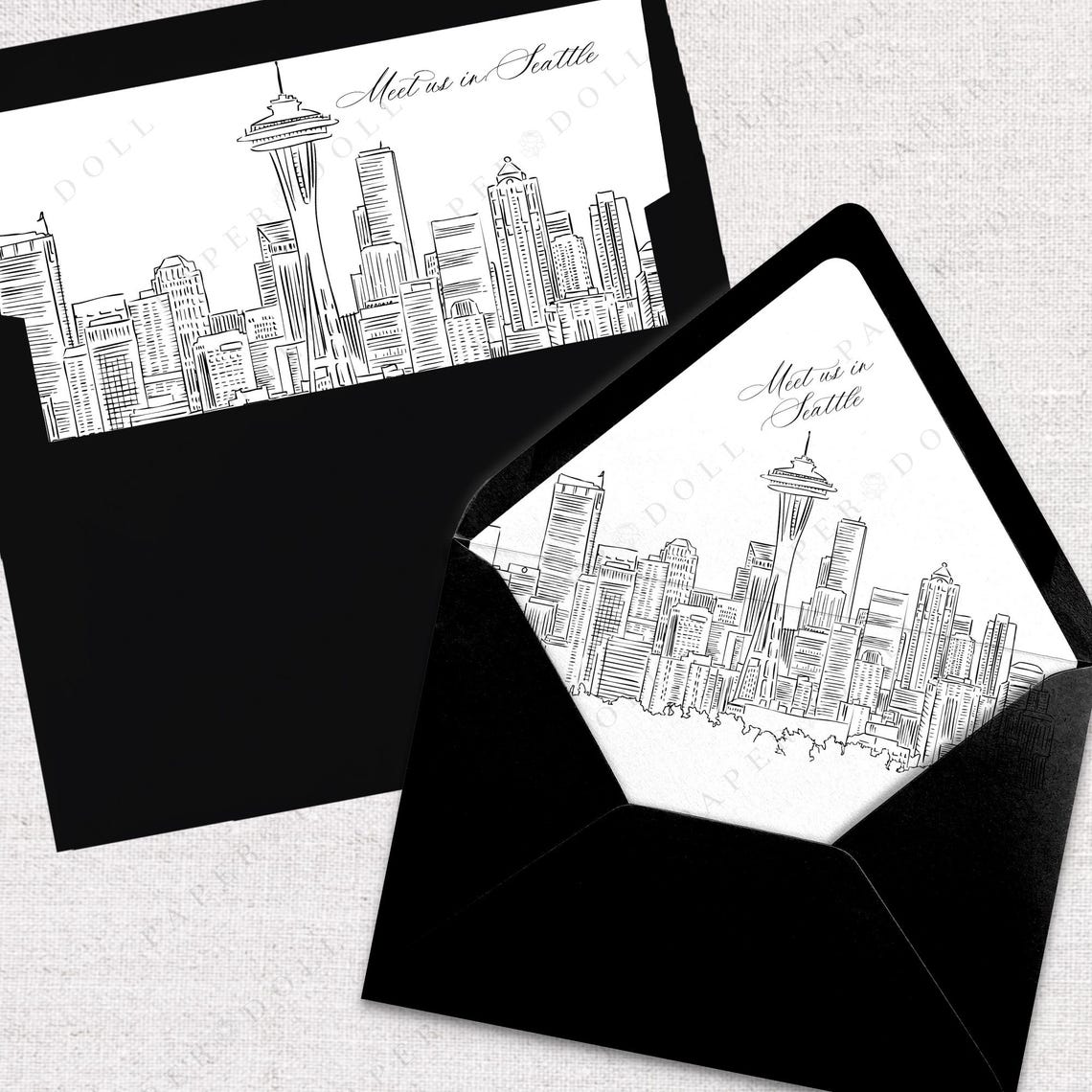 Printable Seattle Skyline Envelope Liner Instant Download Black and ...