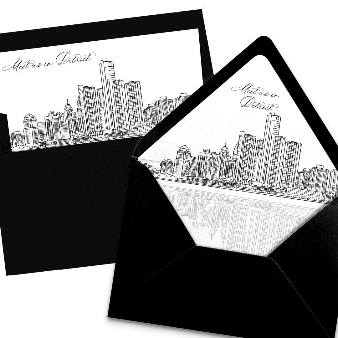 Printable Detroit Skyline Envelope Liner Instant Download Black and ...