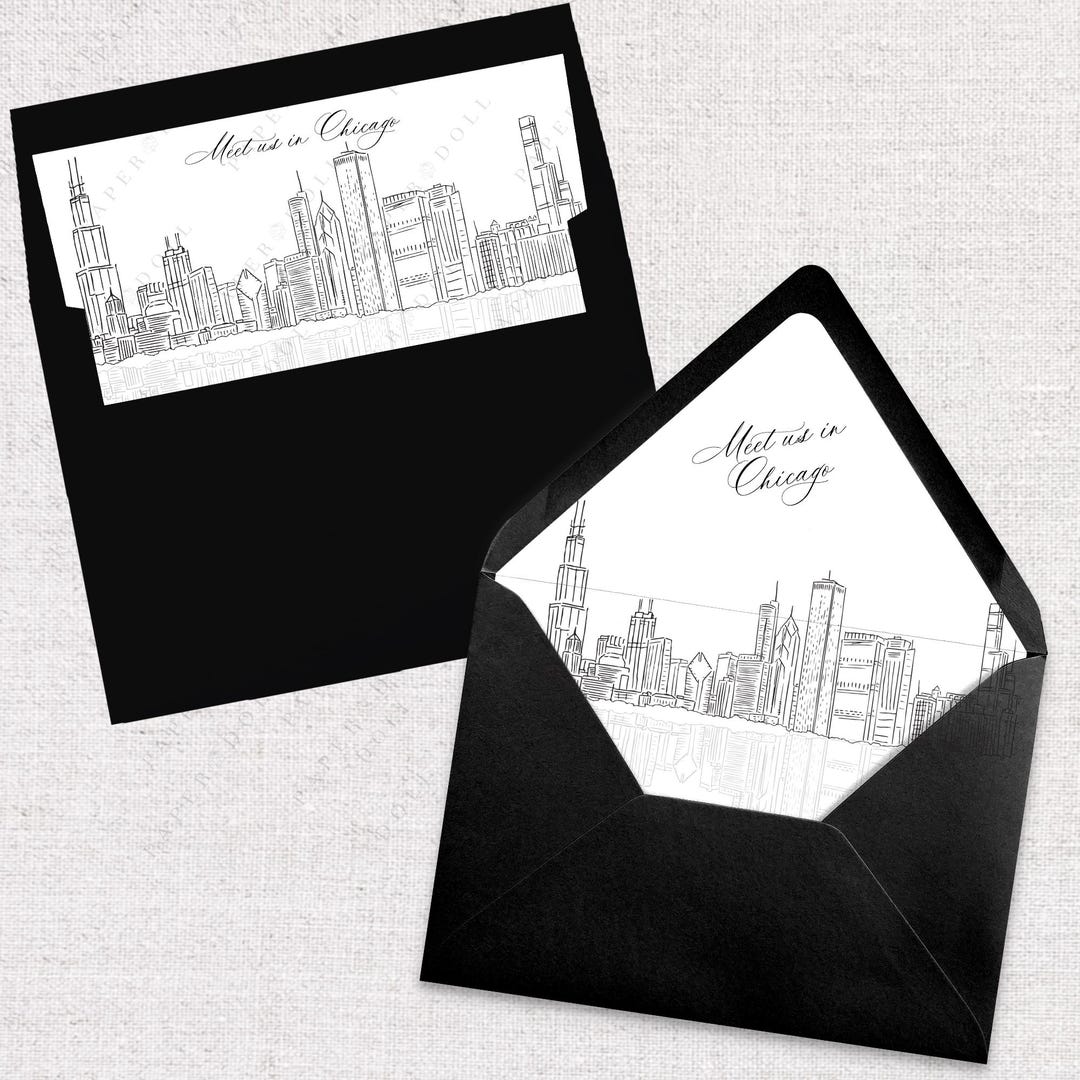 Printable Chicago Skyline Envelope Liner Instant Download Black and ...