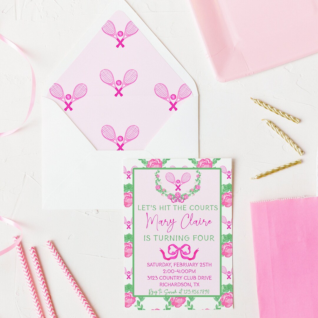 Pink Tennis Birthday Invitation, Tennis Party, Preppy Tennis Invite ...