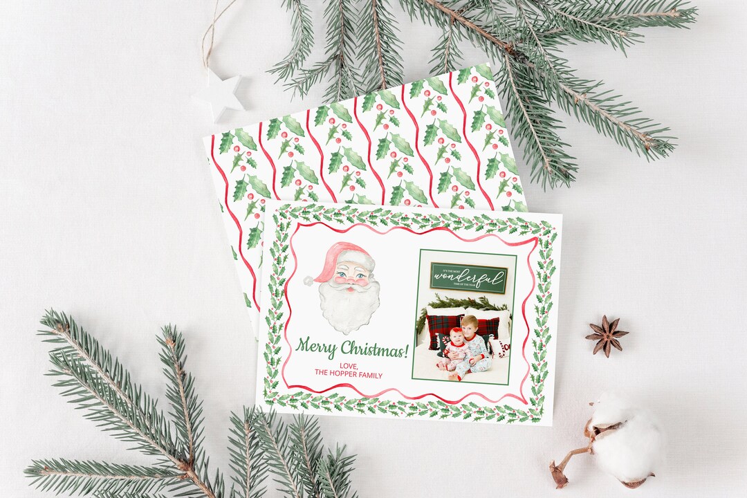 Red Vintage Santa Watercolor Crest Christmas Card Digital - Etsy