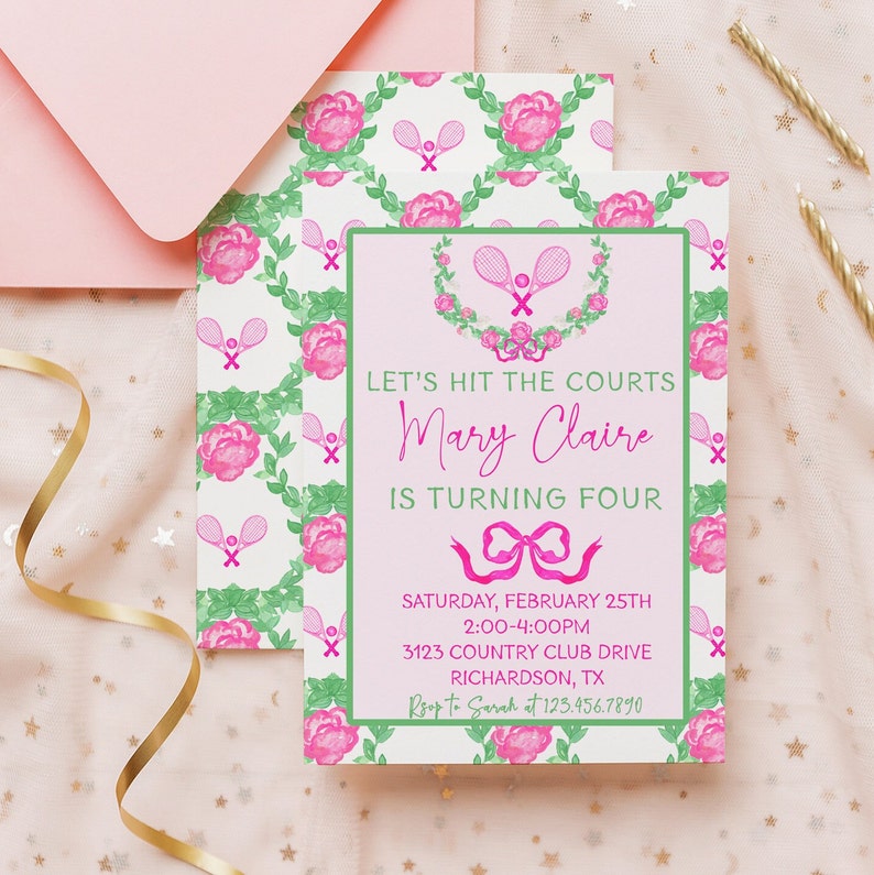 Pink Tennis Birthday Invitation, Tennis Party, Preppy Tennis Invite ...