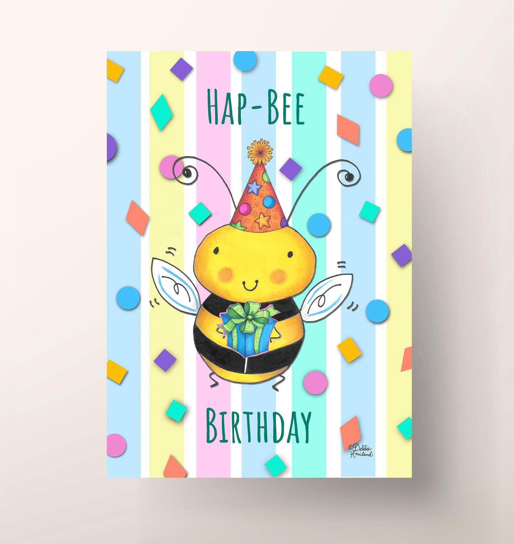 Hap-bee Birthday Card With Adorable Bee Holding a Birthday Present - Etsy