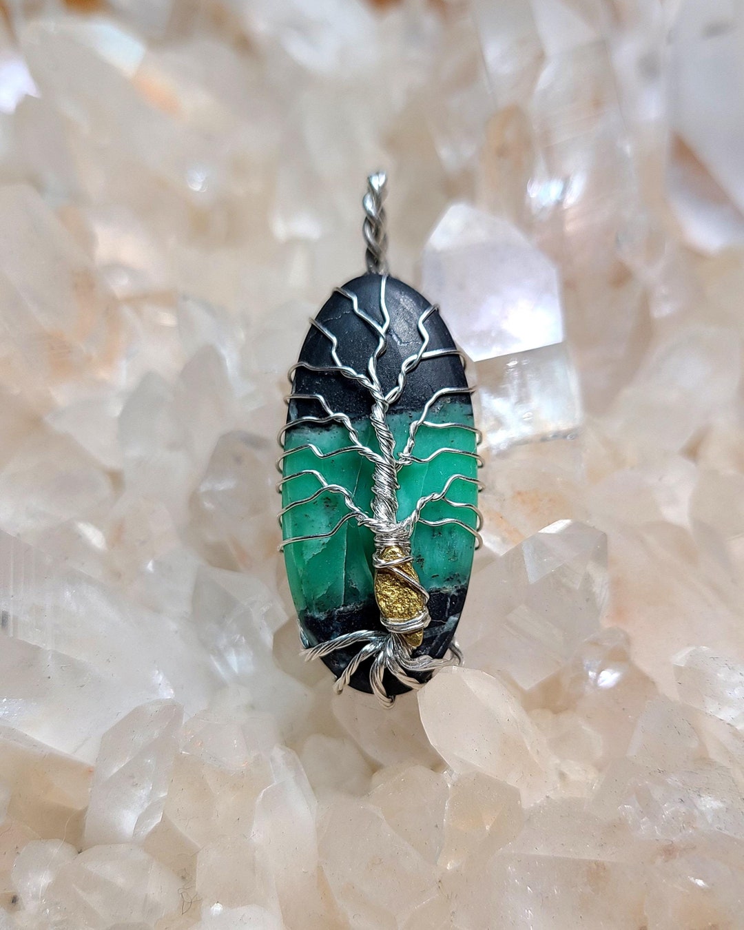 Alaskan Gold Nugget, Variscite & Sterling Silver Tree of Life Pendant ...