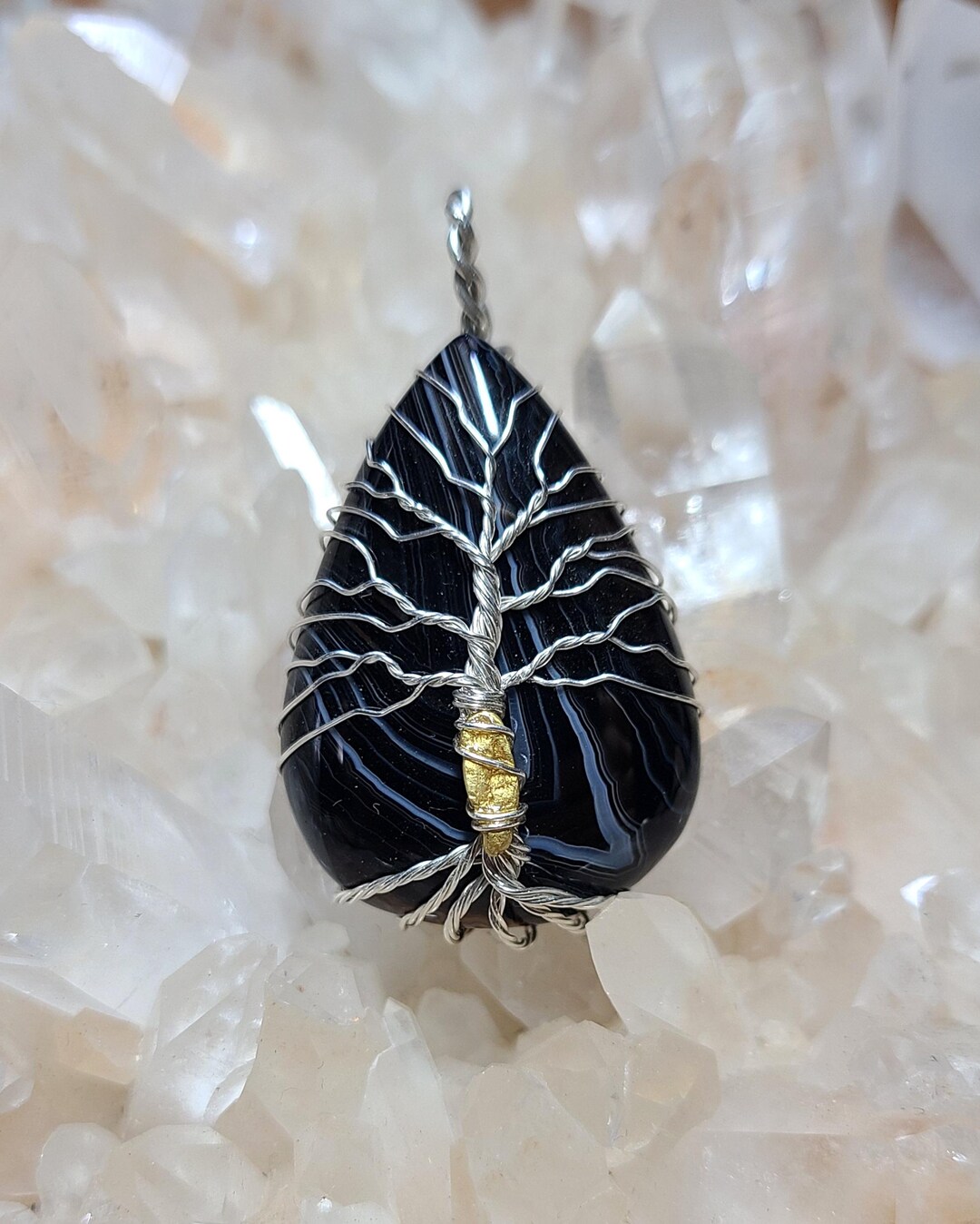 Alaskan Gold Nugget, Banded Agate & Sterling Silver Tree of Life ...