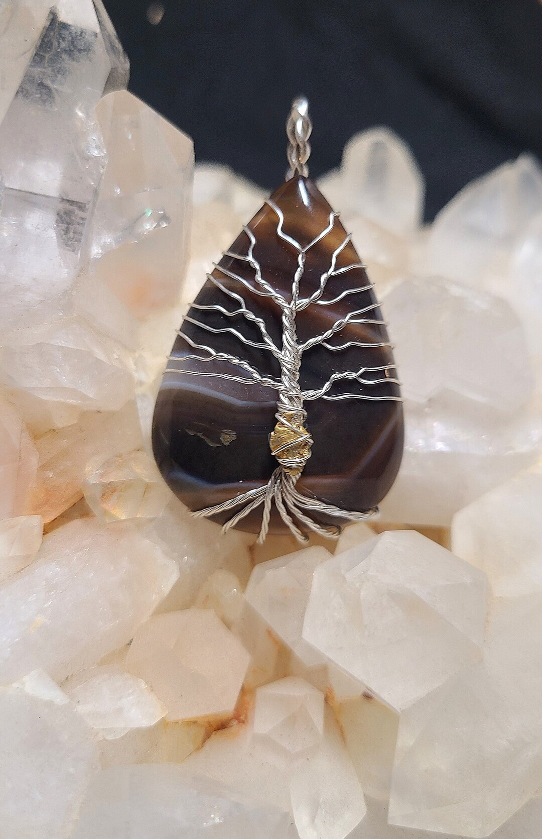 Alaskan Gold Nugget, Banded Agate & Sterling Silver Tree of Life ...