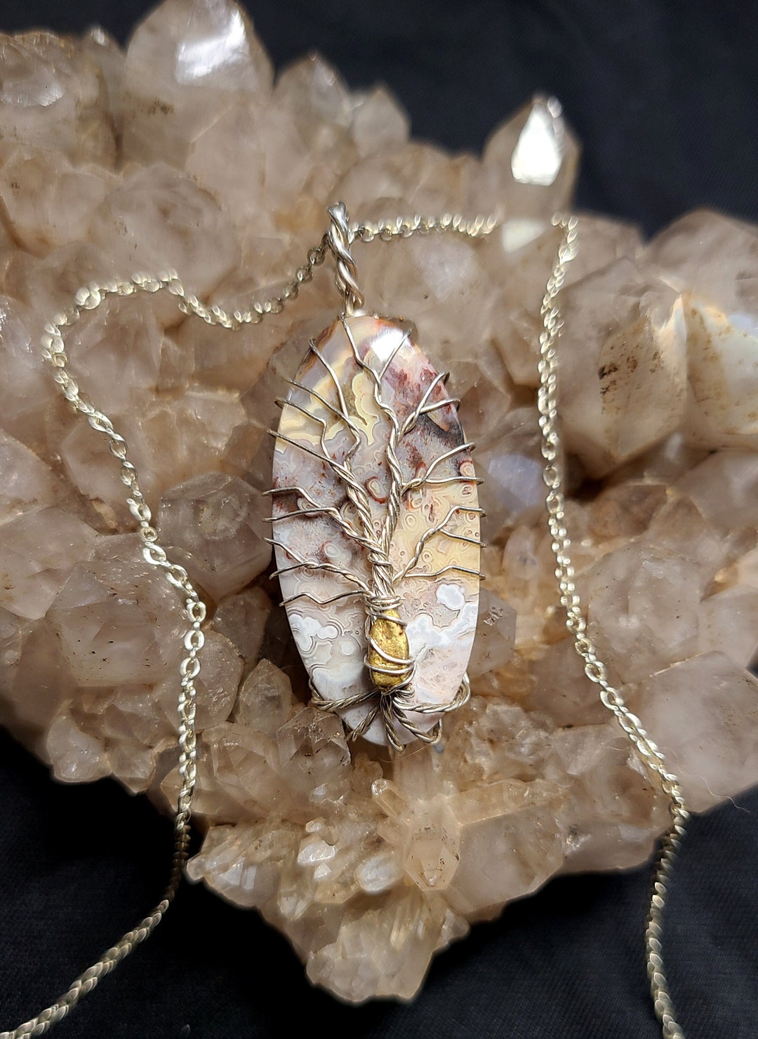 Alaskan Gold Nugget, Banded Agate & Sterling Silver Tree of Life ...