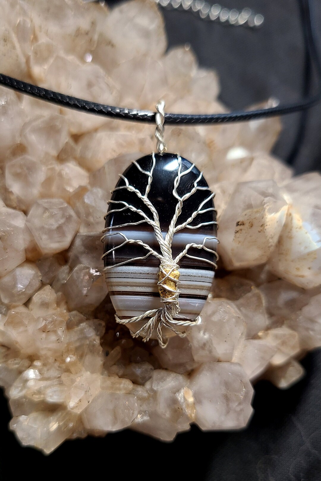 Alaskan Gold Nugget, Banded Agate & Sterling Silver Tree of Life ...