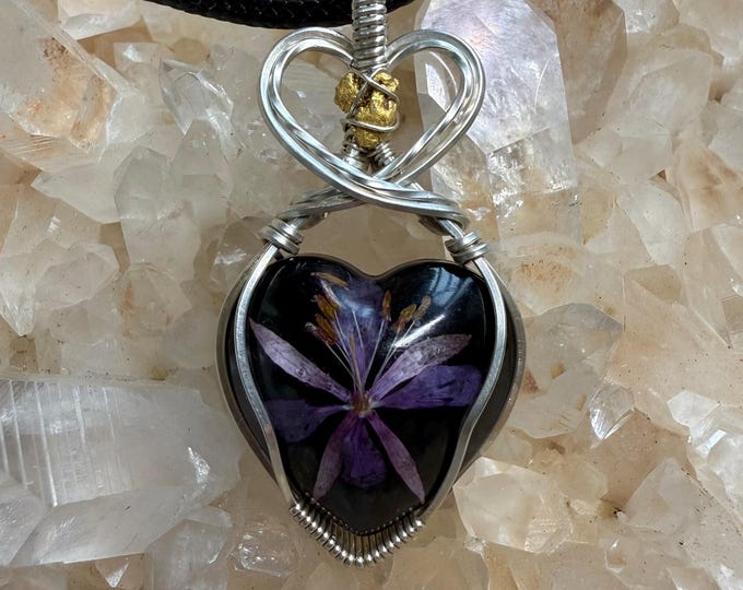 Alaskan Gold Nugget, Fireweed Flower & Sterling Silver Heart Pendant (# ...
