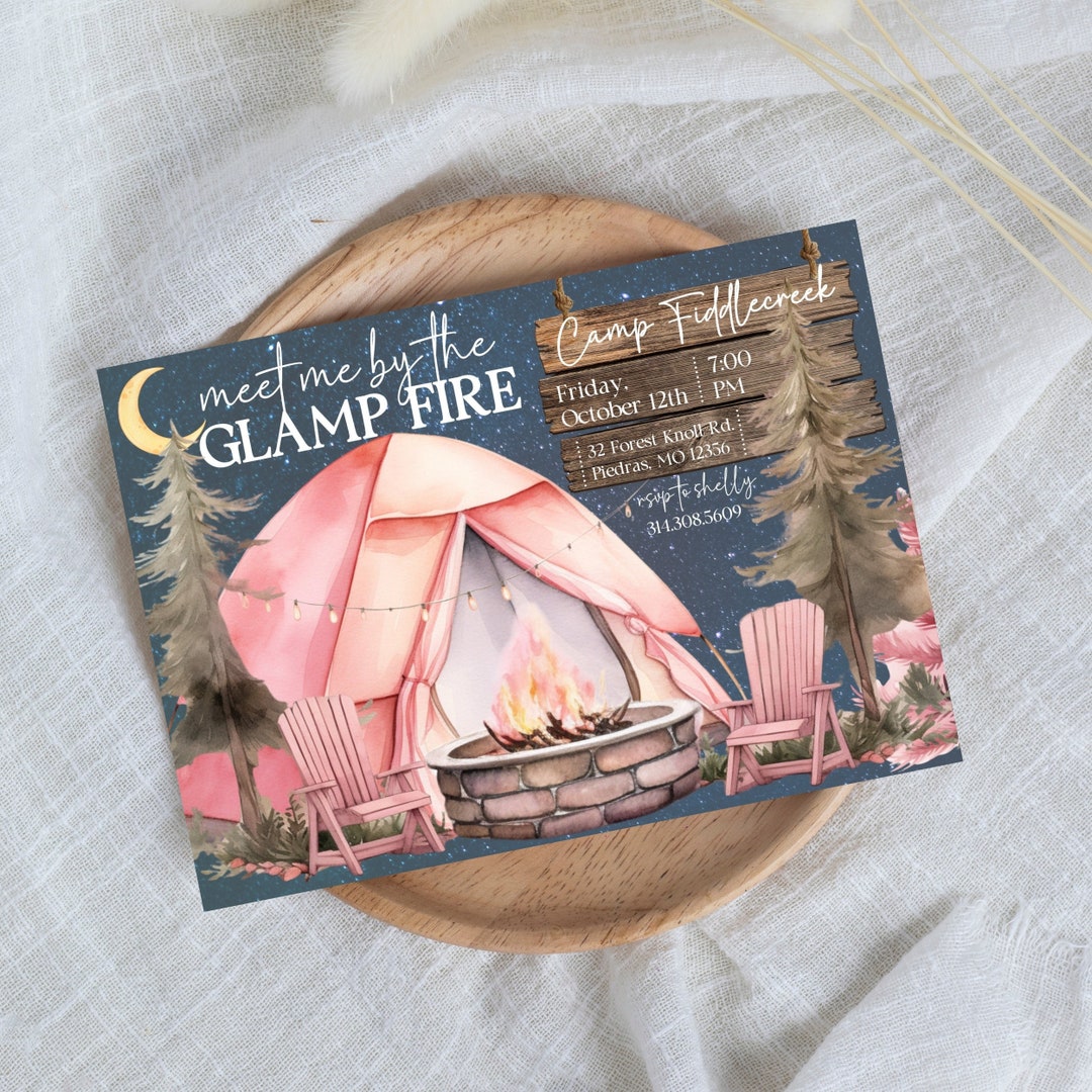 Glamping Invitation, Pink Campfire Invite, Happy Camper Birthday, Camp ...