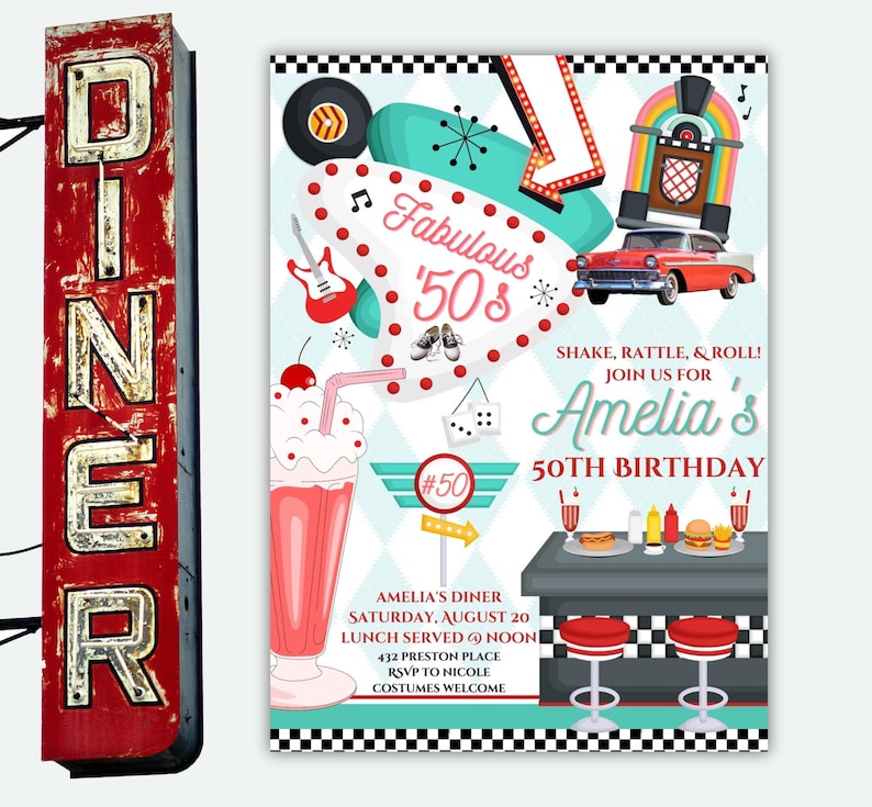50 and Fabulous Invitation, Fifties Diner Party Décor, Sock Hop Birthday Theme - Etsy