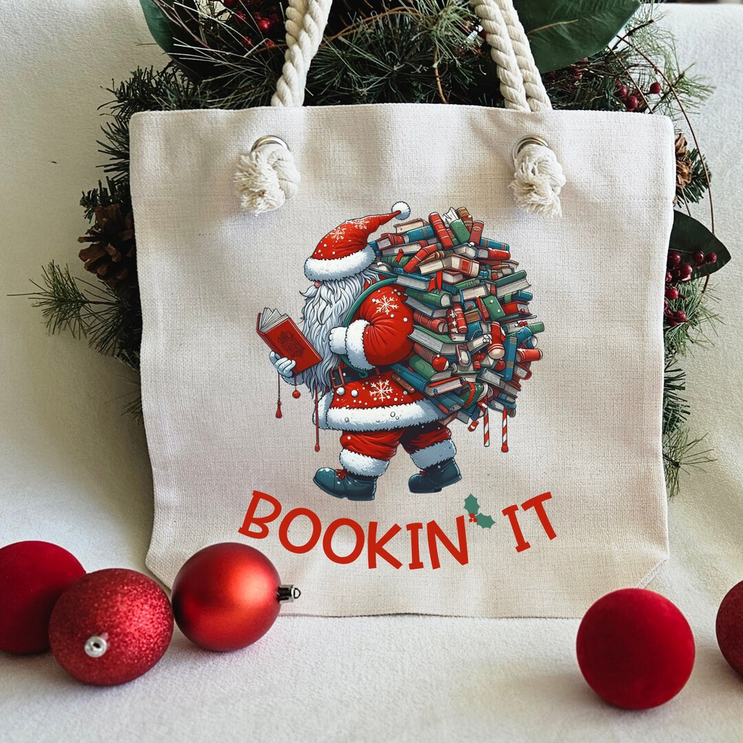 Holiday Tote, Christmas Book Stack, Secret Santa Gift, Librarian Xmas ...
