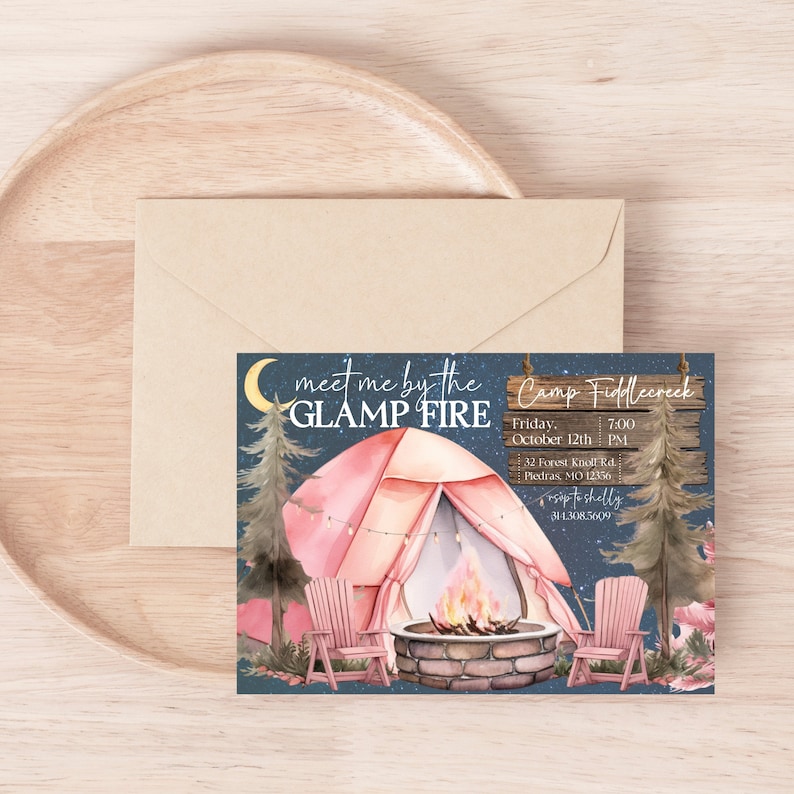 Glamping Invitation, Pink Campfire Invite, Happy Camper Birthday, Camp ...