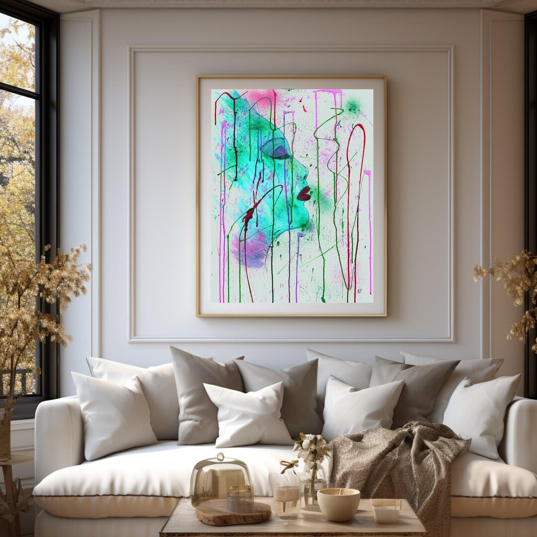 Drippy Abstract Prints Emerald Painting Hand Painted Woman's Face ...