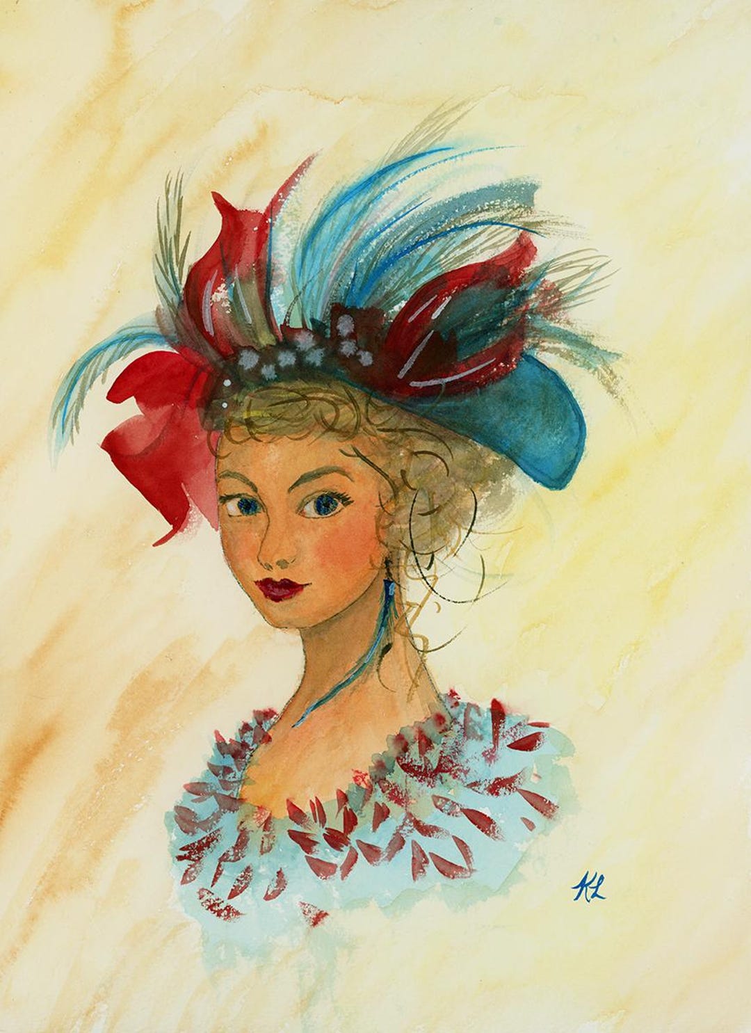 9x12 1800s Victorian Fancy Fair Lady Hand Painted Watercolor Portrait ...