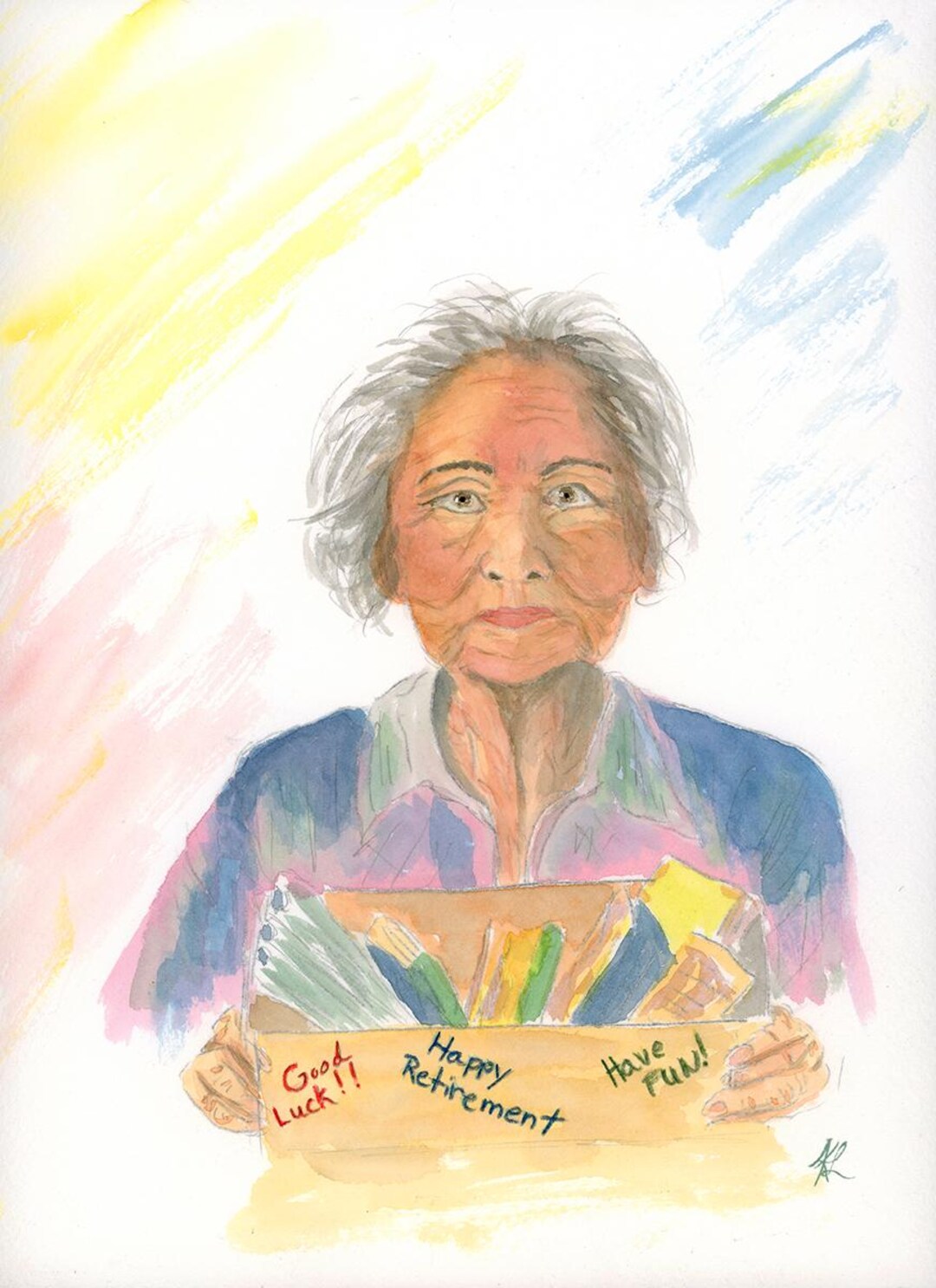 9x12 Retirement Hand Painted Watercolor. Senior Wrinkled Gray Haired ...