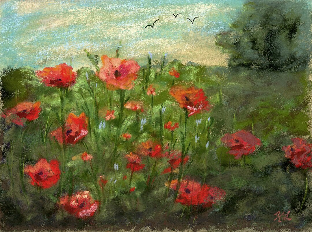 7x9.5 Red Scarlet Field of Poppies Signed Original Pastel One of a Kind ...