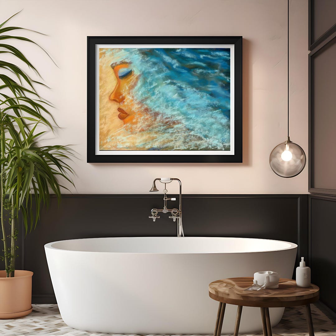 Surrealism Ocean Waves and Woman. Turquoise and Sandy Beach. Unique ...