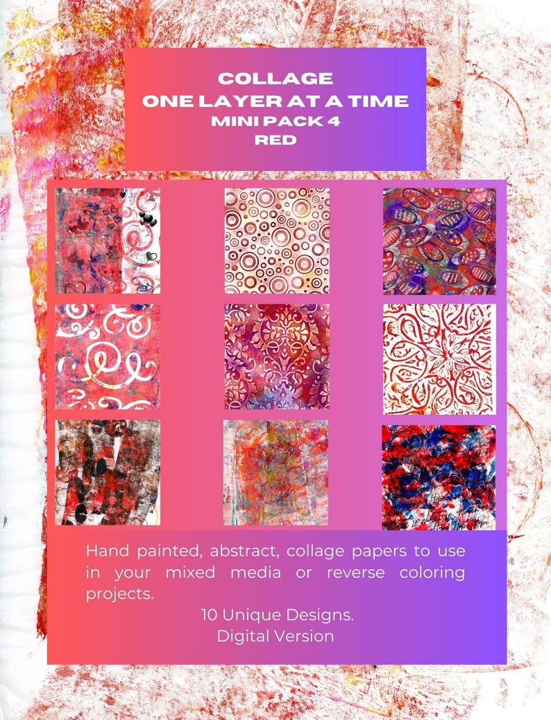 Red Abstract Paper: Hand Painted Collage Sheets for Junk Journals (PDF ...
