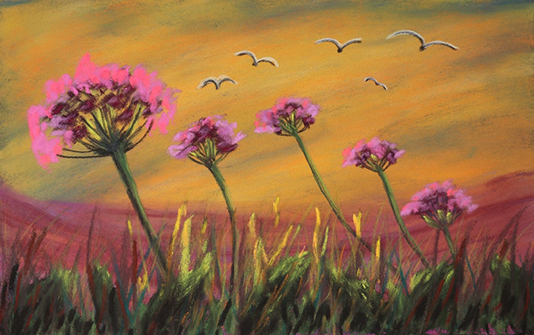 9.5x6 Original Hand Painted Pastel, Field of Pink Flowers, Birds ...