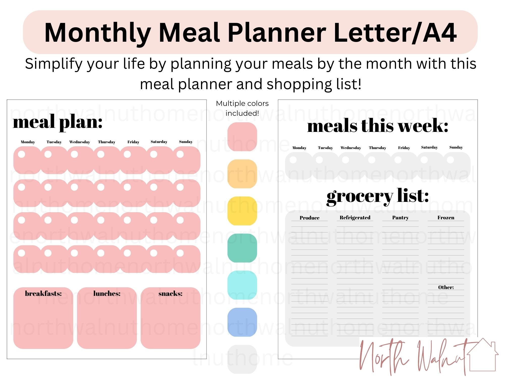 Monthly Meal Planner With Grocery List, Monthly Menu Printable, Grocery ...