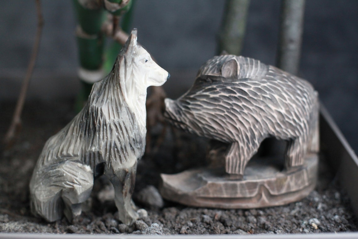 Wood Carving Wolf Set Forest Animals Wolf Statue Wooden Wild - Etsy