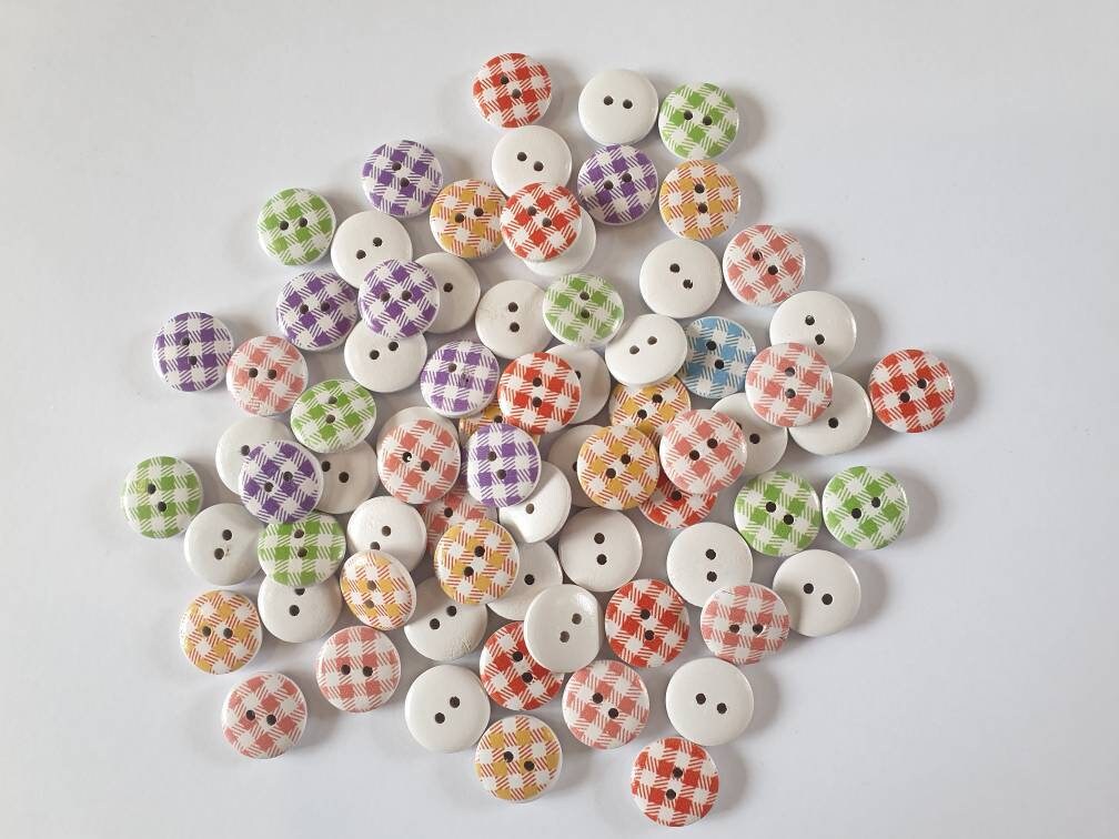 15mm Checkered Buttons, Gingham Buttons, Red Orange Yellow Green Blue ...