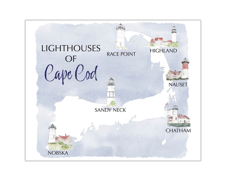 Cape Cod Lighthouses Map: Coastal Watercolor Art Print (8x10) - Etsy