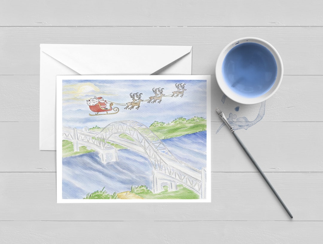 Cape Cod Christmas Card: Santa Over Sagamore Bridge Watercolor Art - Etsy