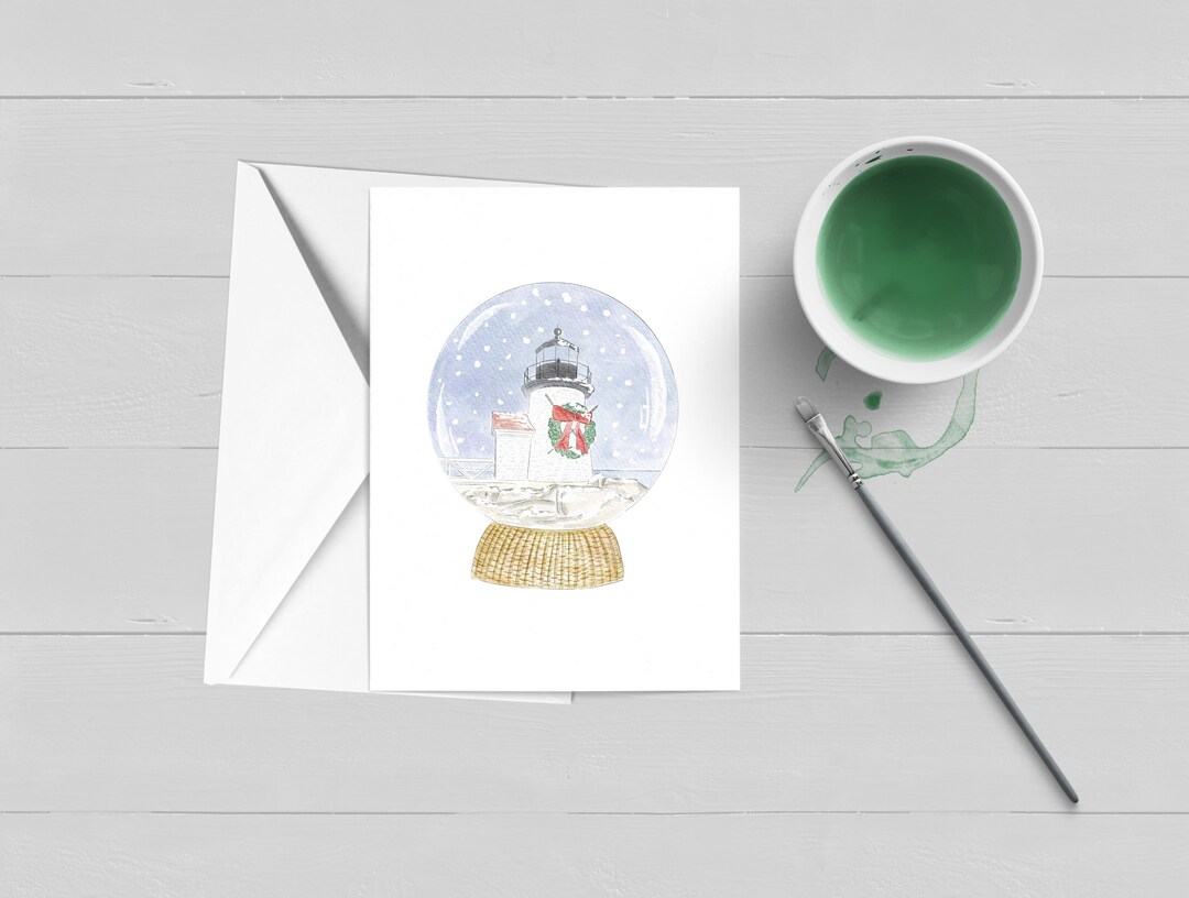 Nantucket Christmas Card: Brant Point Lighthouse Snow Globe Art - Etsy