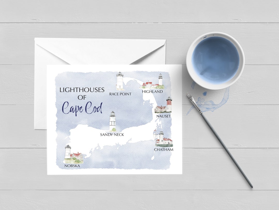 Lighthouses of Cape Cod Map Greeting Card|watercolor|nautical ...