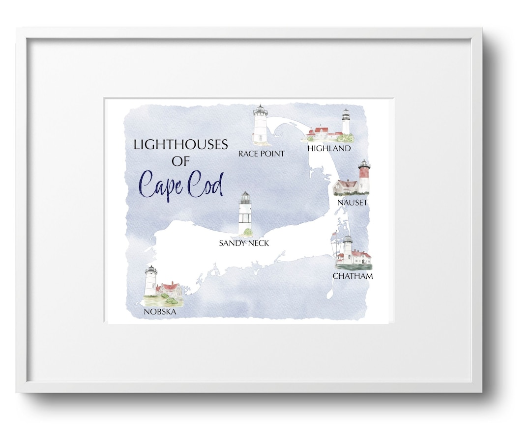 Cape Cod Lighthouses Map: Coastal Watercolor Art Print (8x10) - Etsy