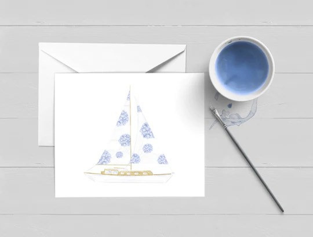 Hydrangea Coastal Sailboat Notecard Note Card|watercolor|greeting Card ...