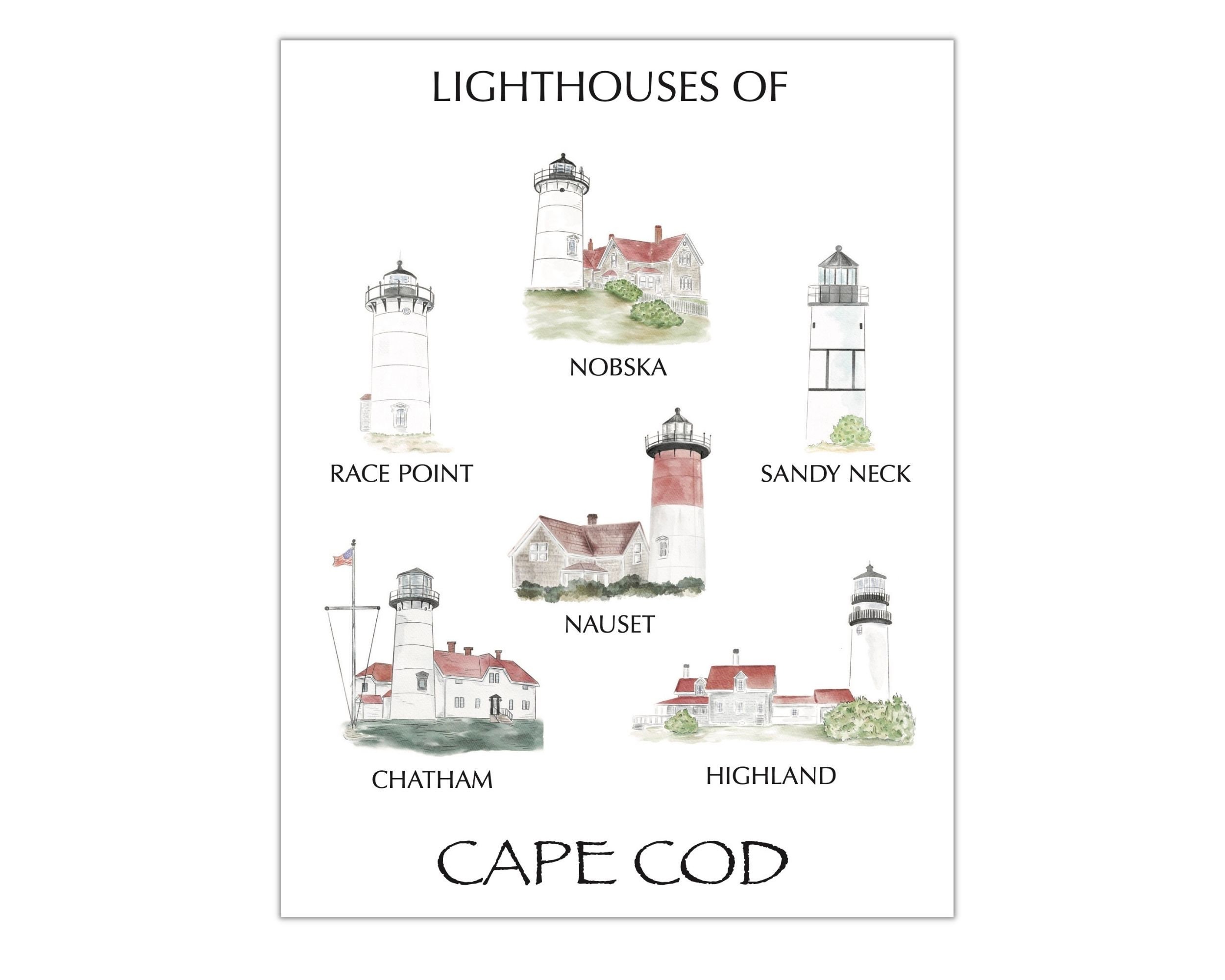 Lighthouses of Cape Cod Watercolor Art Printcoastalbeach | Etsy