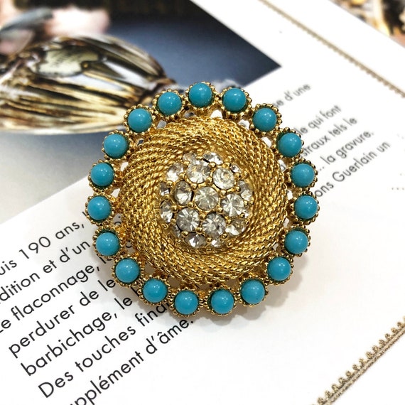 Brooch VINTAGE SPHINX Round Flower Rosette Turquoise Color | Etsy