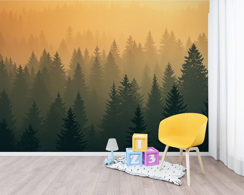 Dark Forest Wallpaper Mural, Dramatic Evergreen Tree Wall Art, Moody ...