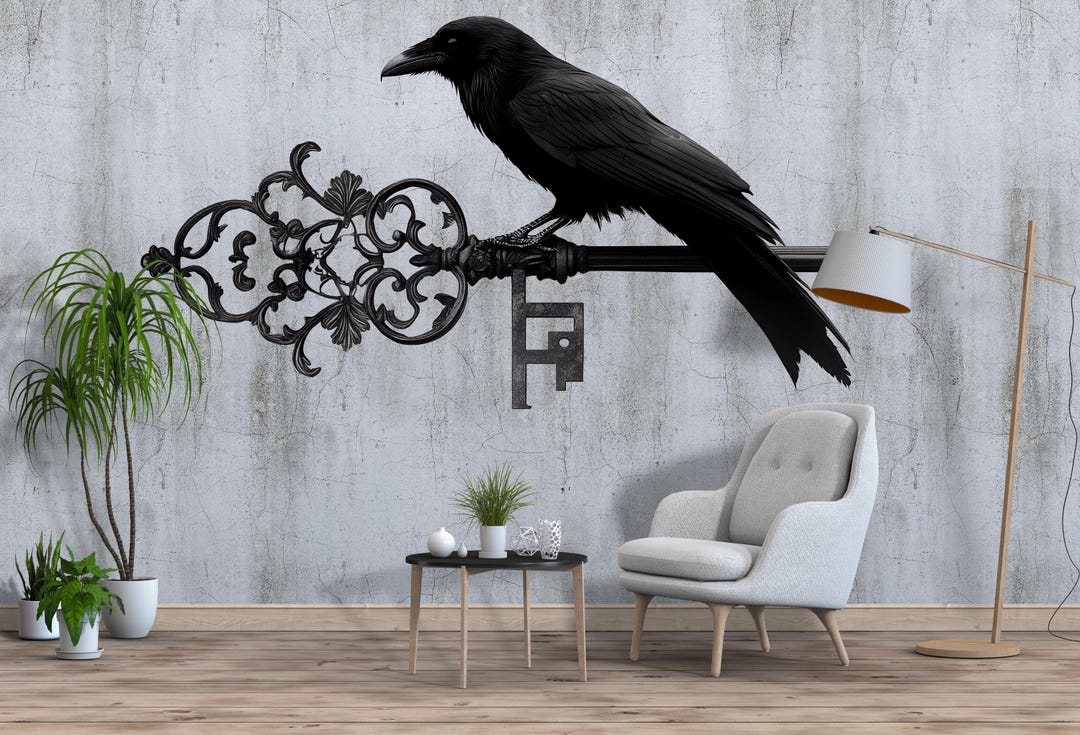 Gothic Raven Wall Art, Black Crow Wall Decal, Vintage Key Wall Decor ...
