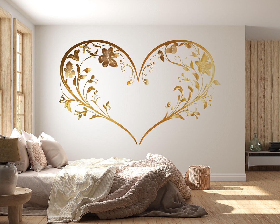 Gold Floral Heart Headboard Wall Decal – Romantic Bedroom Wall Art ...